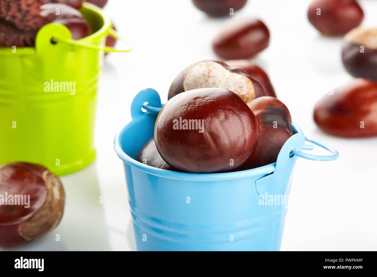 Colorful buckets with chestnuts and peeled horse-chestnuts on white ...