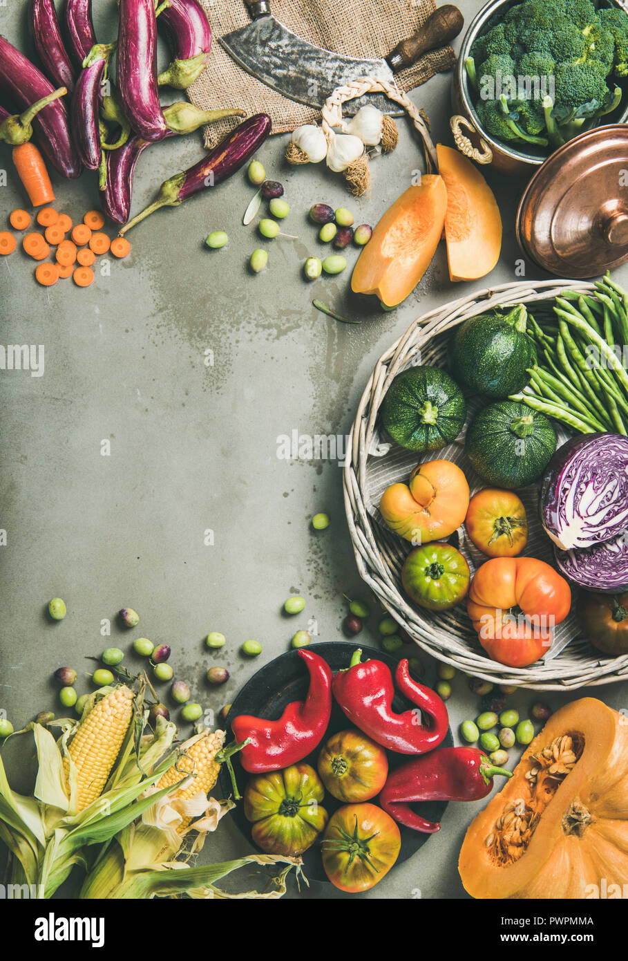 Healthy vegetarian seasonal Fall food cooking background. Flat-lay of ...