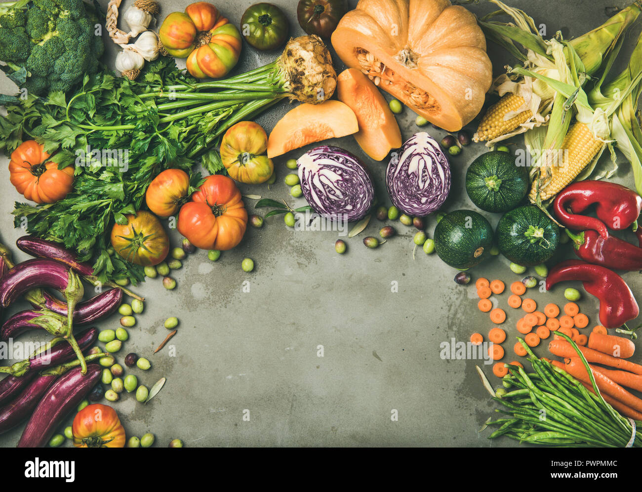 Healthy vegetarian seasonal Fall food cooking background. Flat-lay of ...