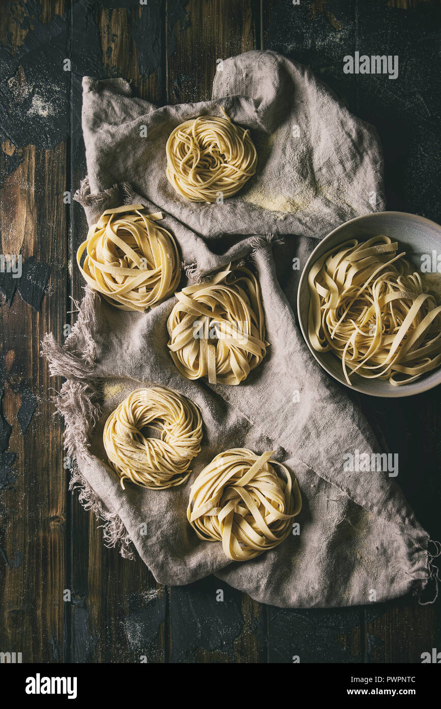Variety of italian homemade raw uncooked pasta spaghetti and ...