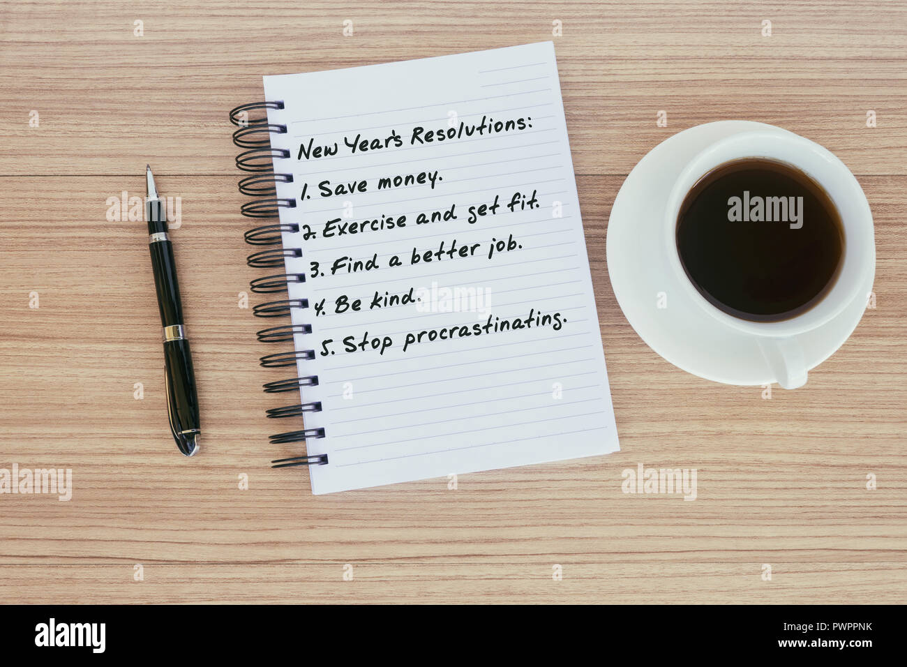 New Year's Resolutions text on notepad - pen and coffee Stock Photo - Alamy