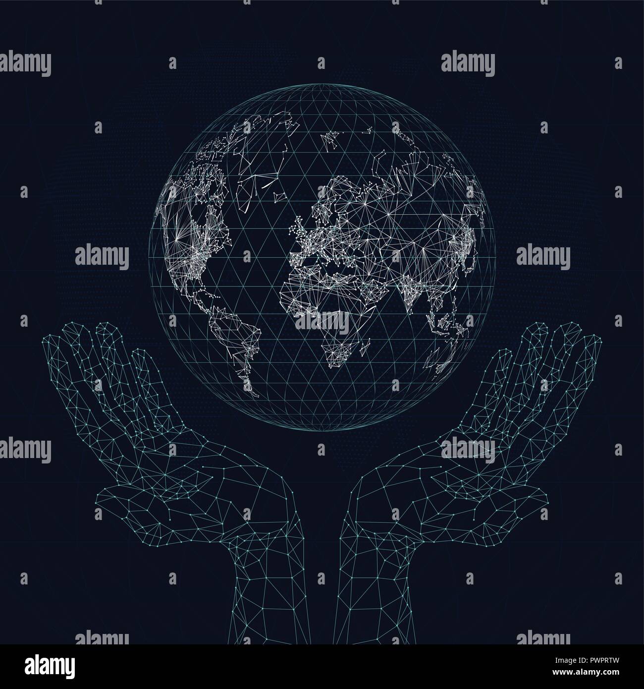 Polygonal hands hold the planet map of communications template for your ...