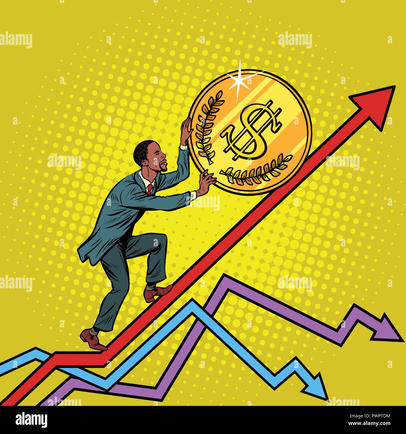 African American man roll a USA dollar coin up. Pop art retro vector ...