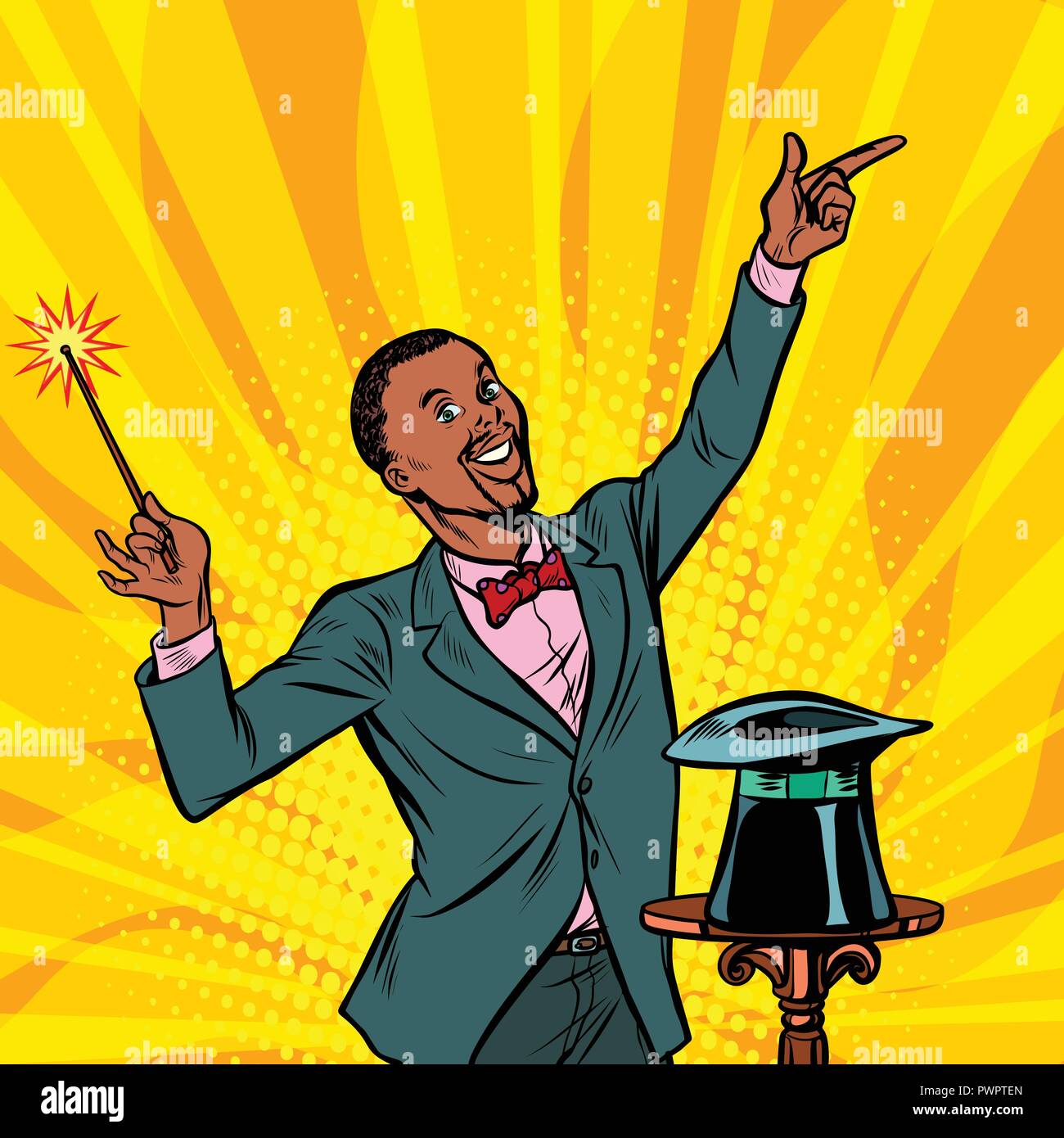 African Magician, amazing performance. Circus performer. Trick. Pop art ...