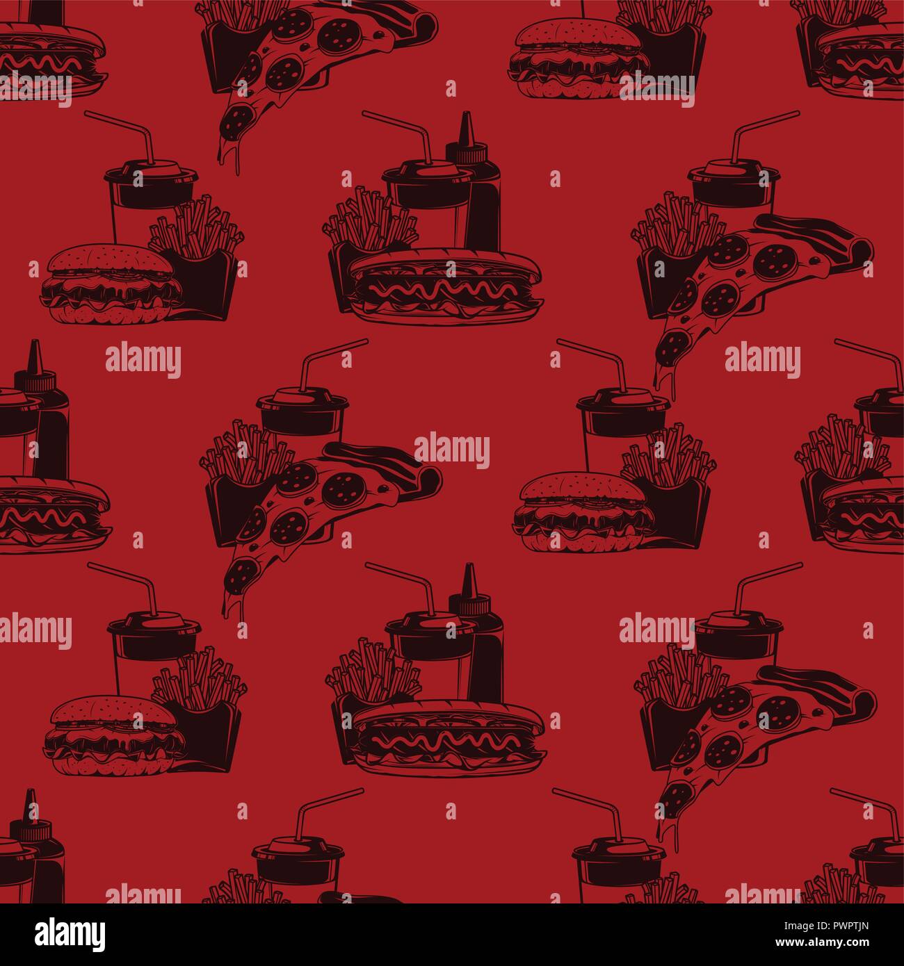 Seamless pattern with fast food combo dinners on burgundy background ...