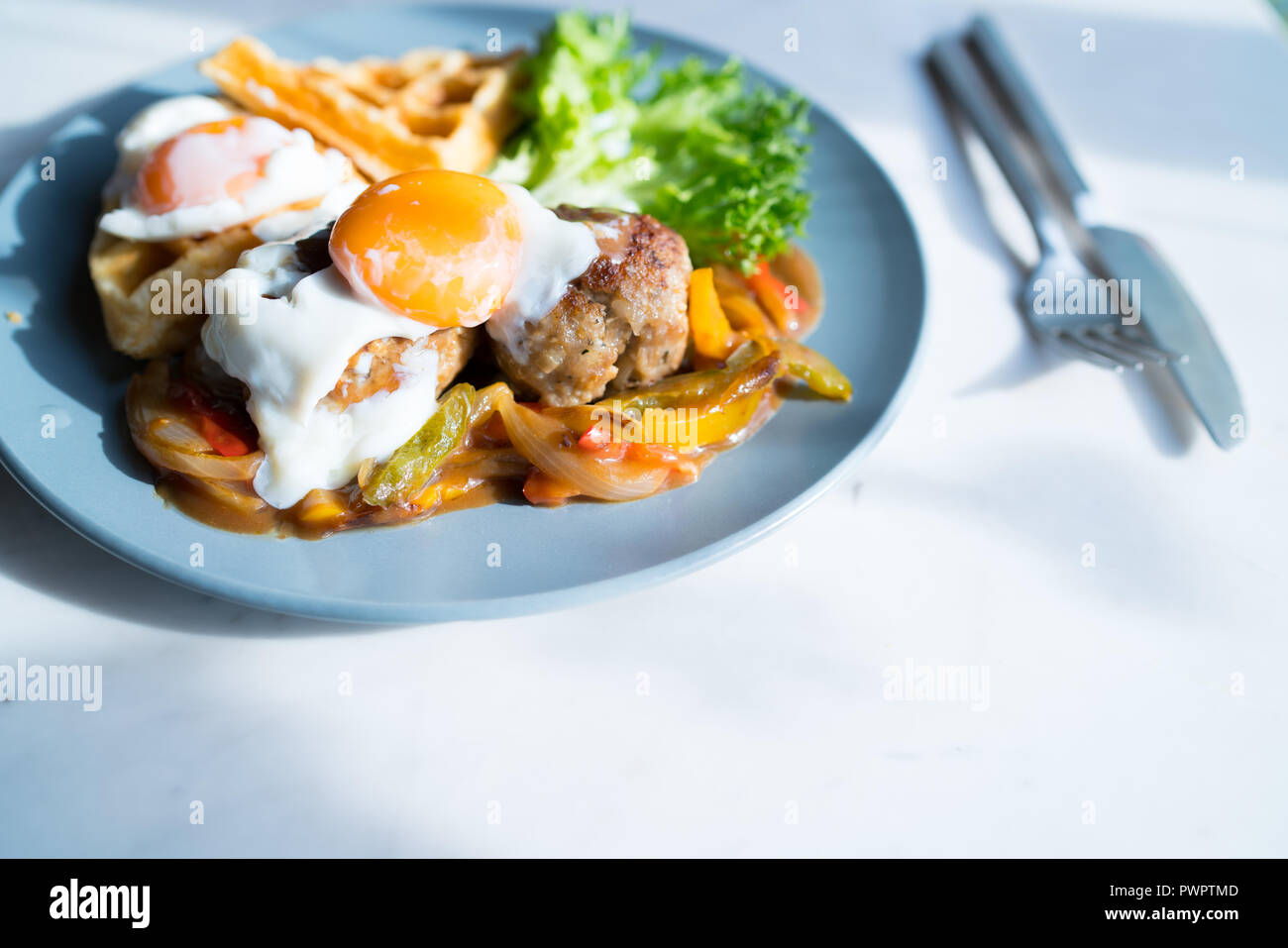 morning breakfast with egg and meat Stock Photo - Alamy