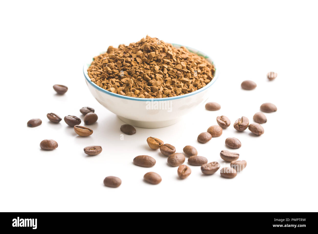 The instant coffee and coffee beans isolated on white background Stock ...