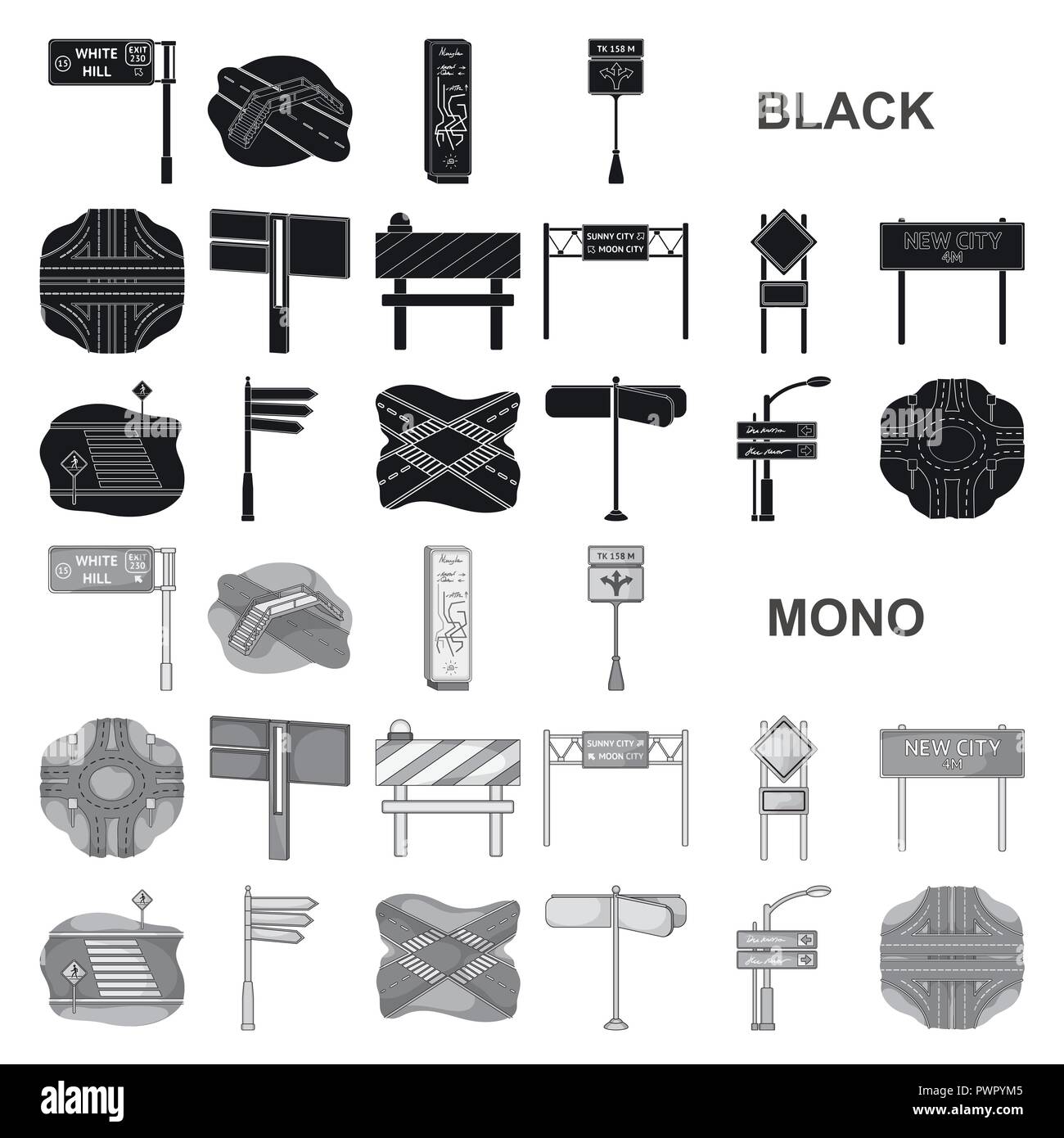 Road junctions and signs black icons in set collection for design ...