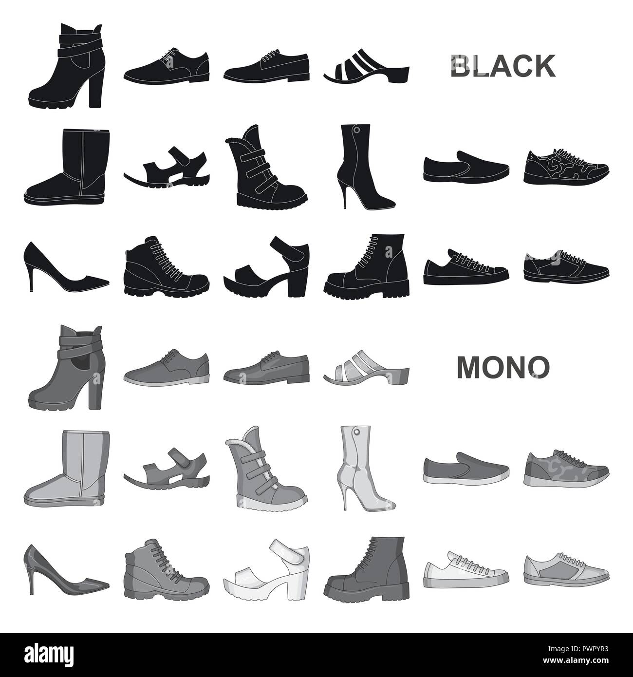 Different shoes black icons in set collection for design. Men and women ...
