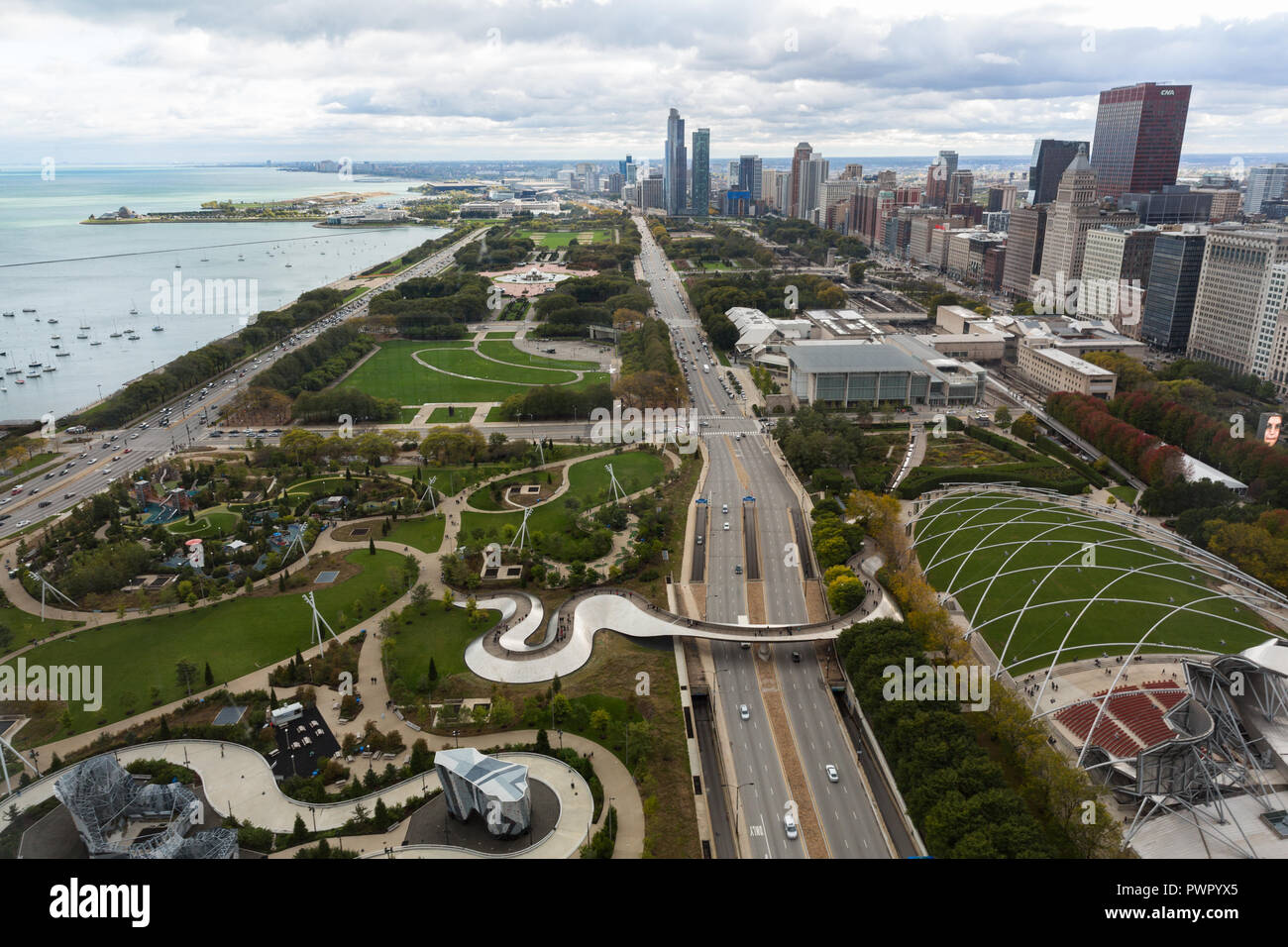 Aerial view of Chicago showing Lake Michigan, Maggie Daley Park ...