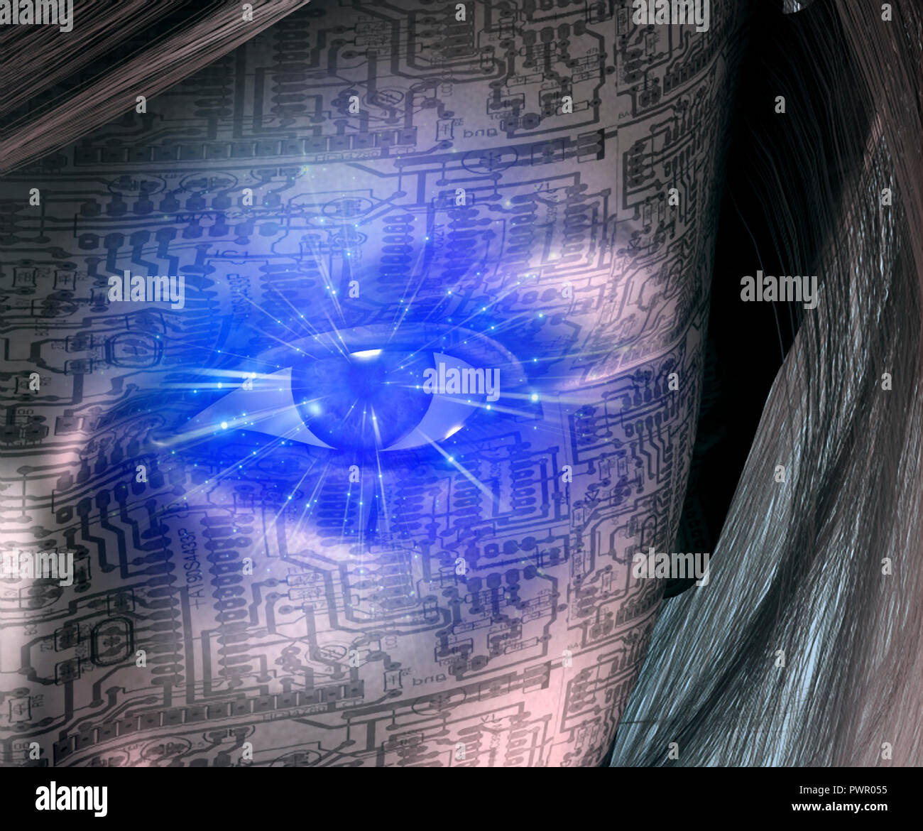 Technology man face girl. Sparks from the eyes Stock Photo - Alamy