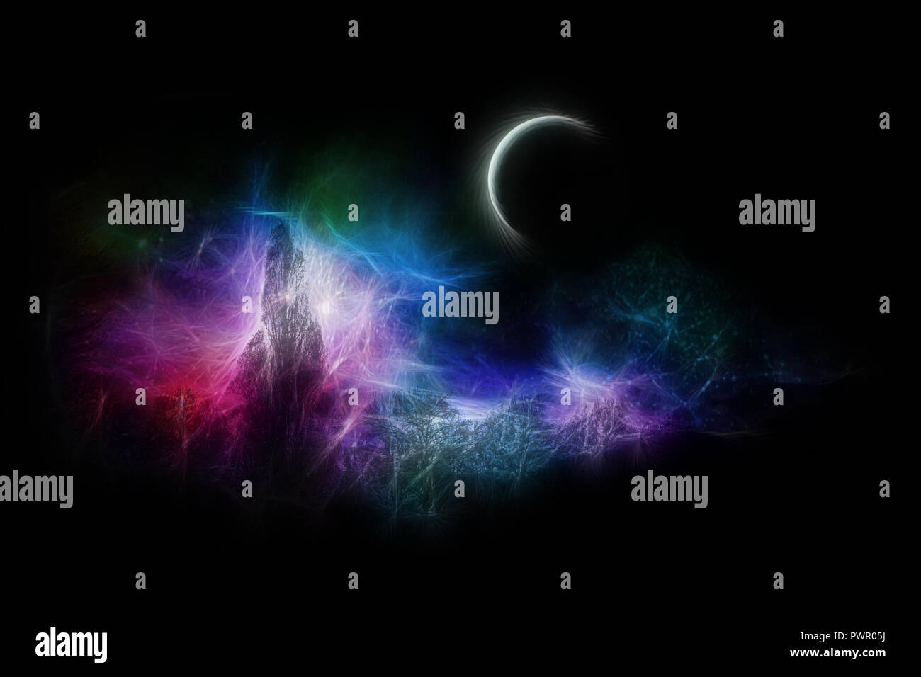 Magical Night Forest Landscape. Colorful Lights Stock Photo - Alamy