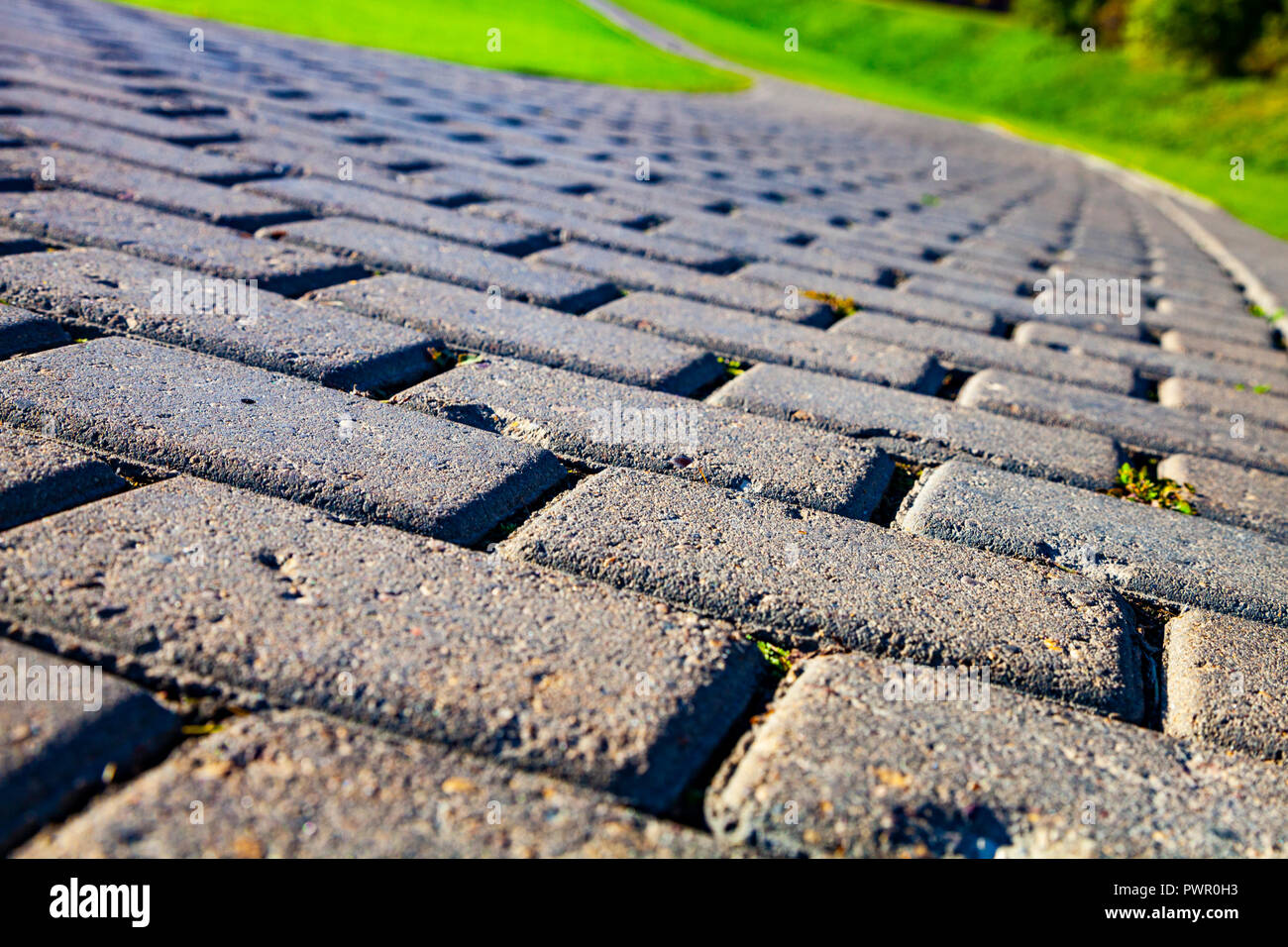 Stone path in the park and green lawn. Beautiful summer city park for ...