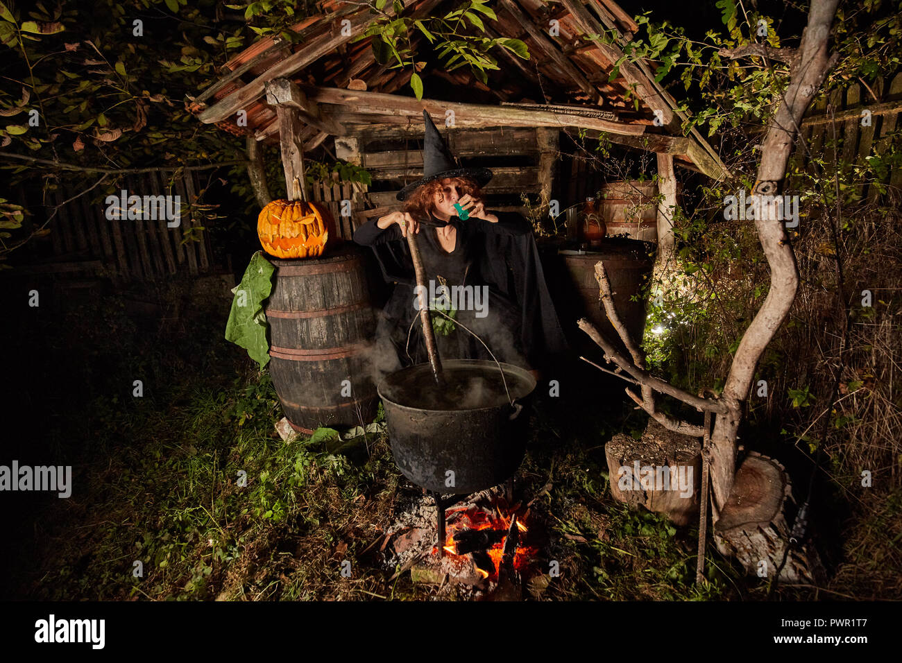 Witch boiling spells in a cast iron black pot in her shed Stock Photo ...