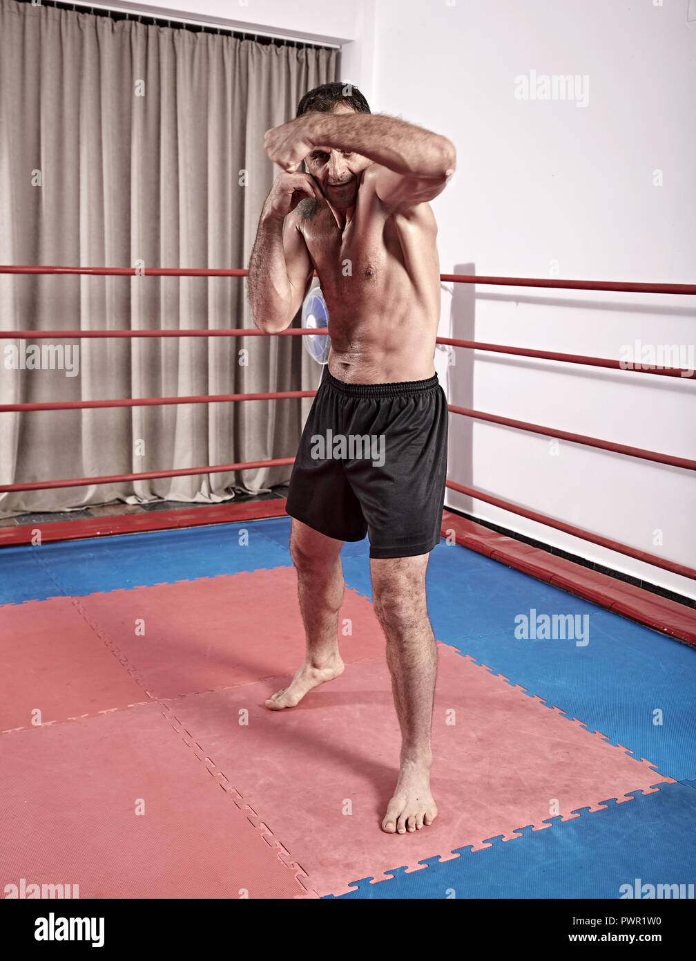 Muay thai or kickbox fighter shadow boxing in the ring Stock Photo - Alamy