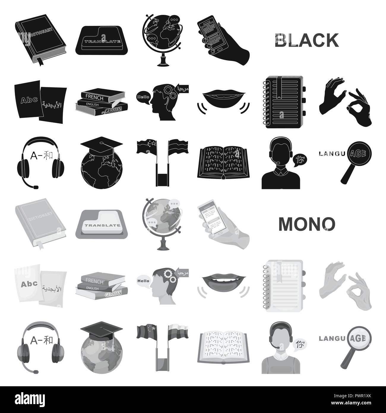 Translator and linguist black icons in set collection for design ...