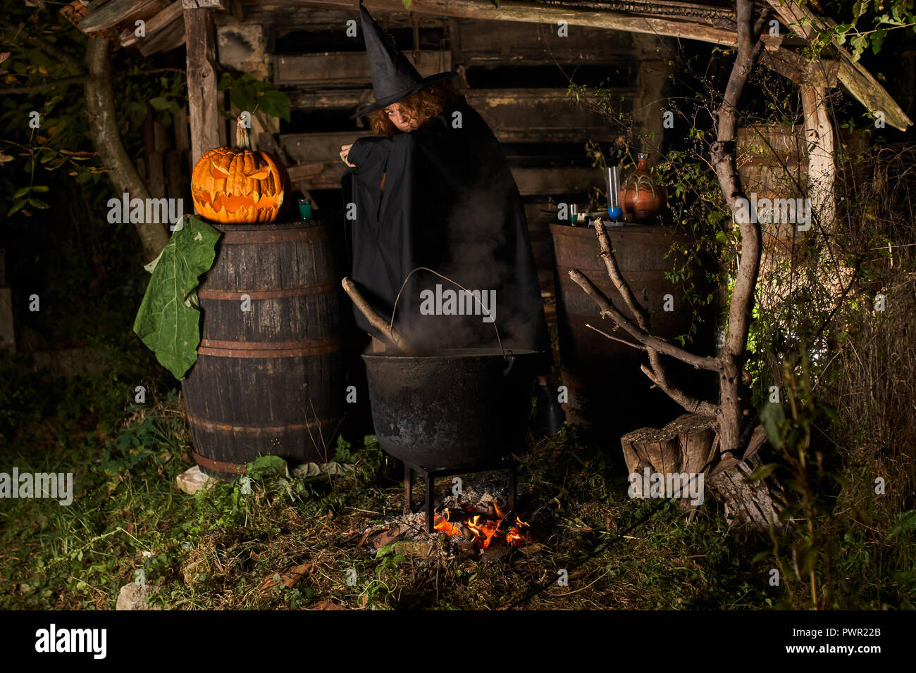 Witch boiling spells in a cast iron black pot in her shed Stock Photo ...