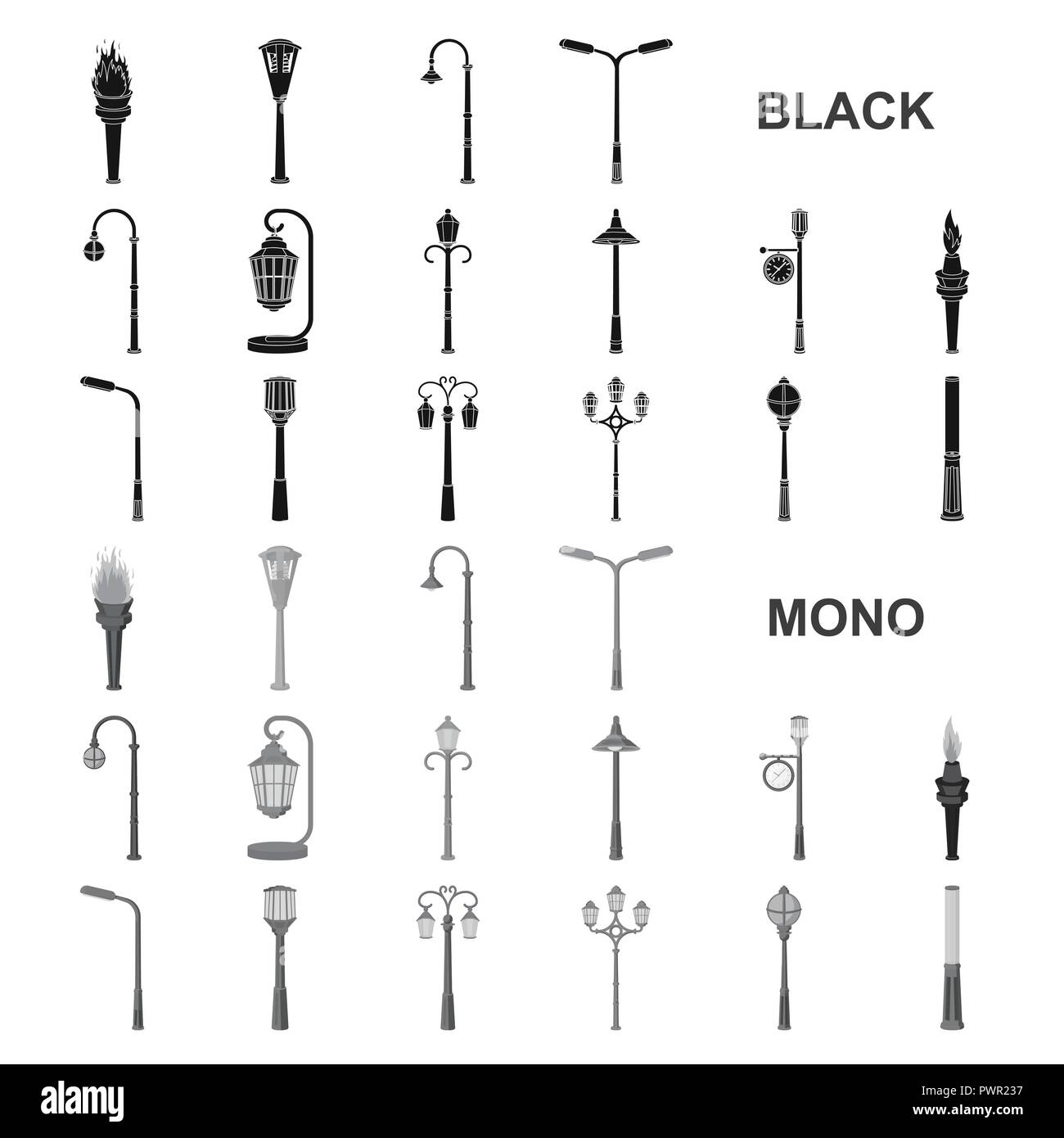 Lamp post black icons in set collection for design. Lantern and ...