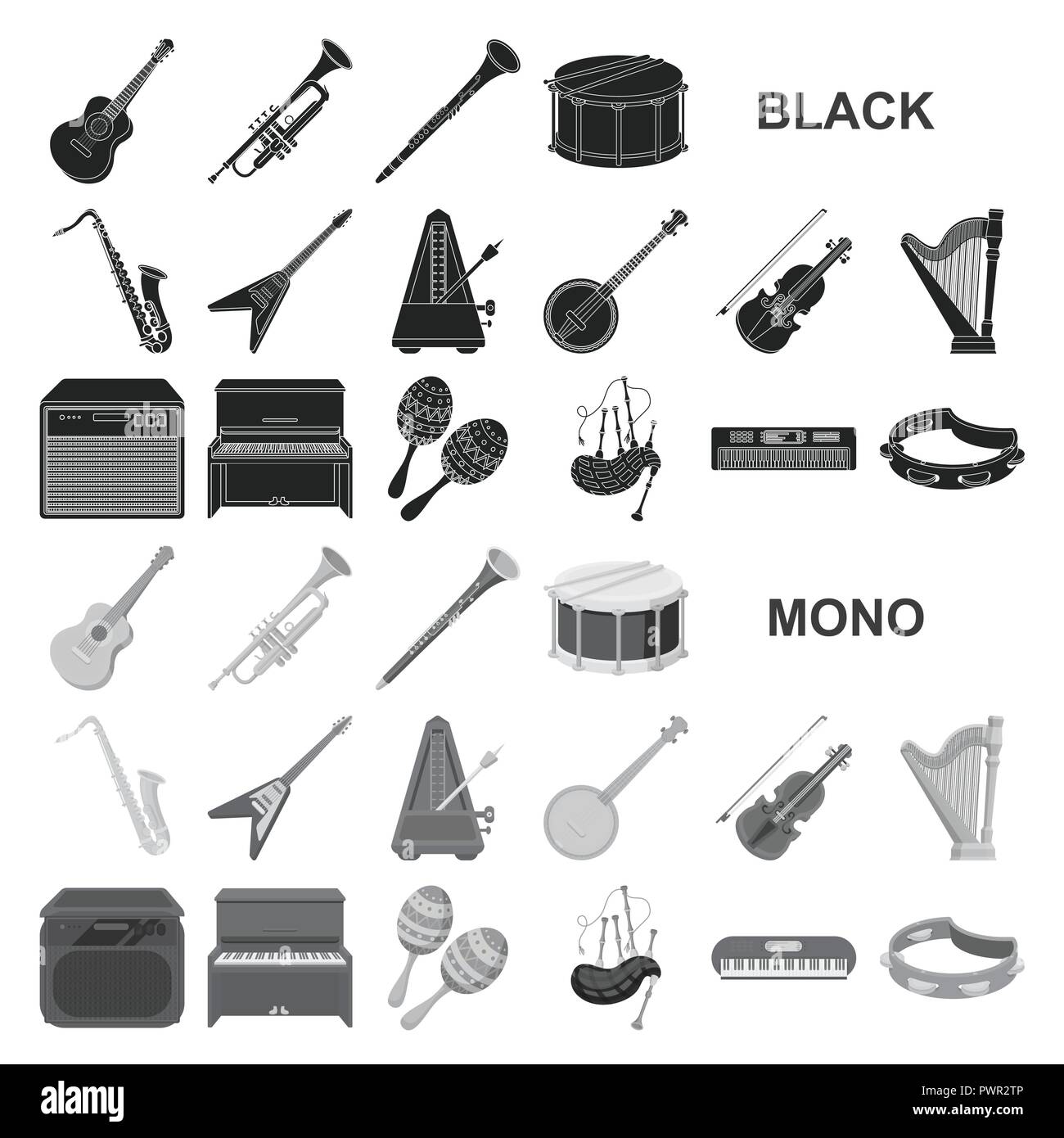Musical instrument black icons in set collection for design. String and ...