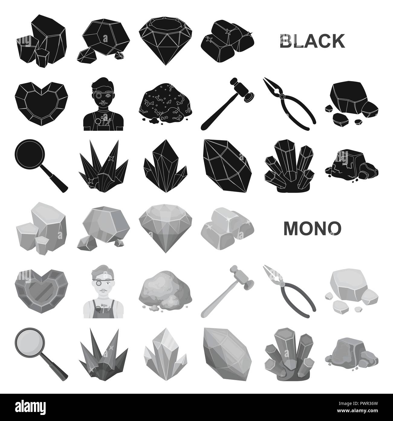 Precious Minerals black icons in set collection for design. Jeweler and ...