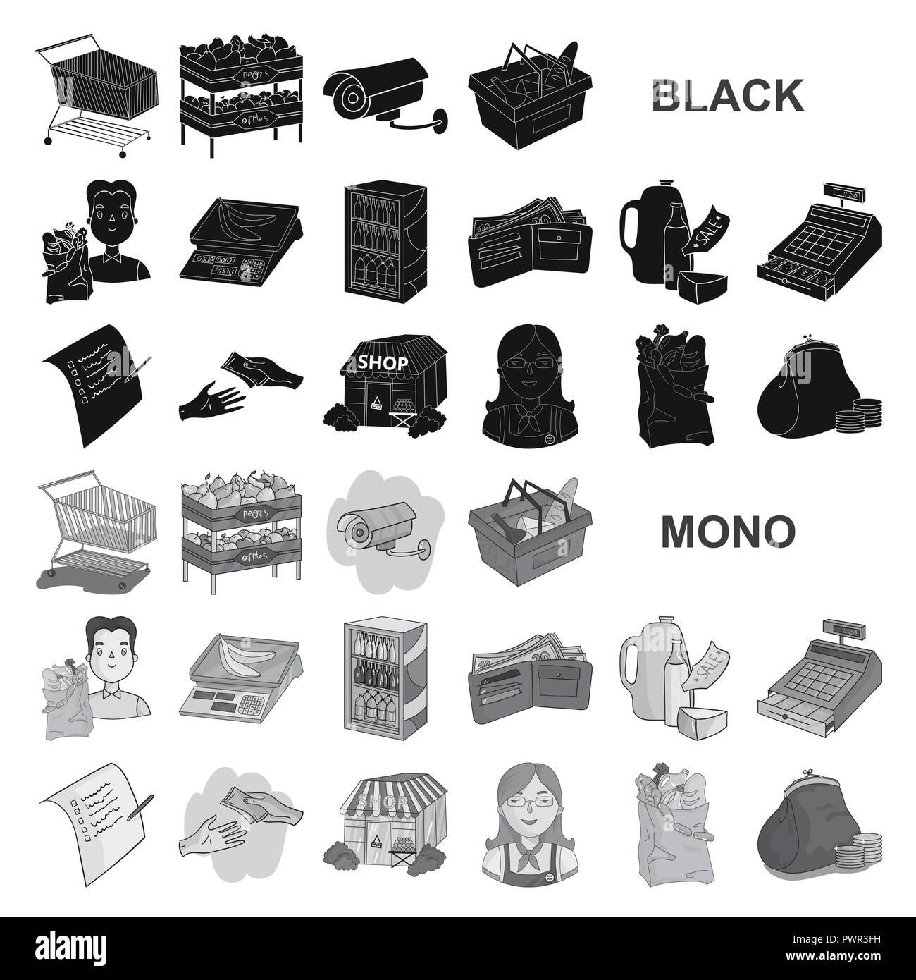 Supermarket and equipment black icons in set collection for design ...