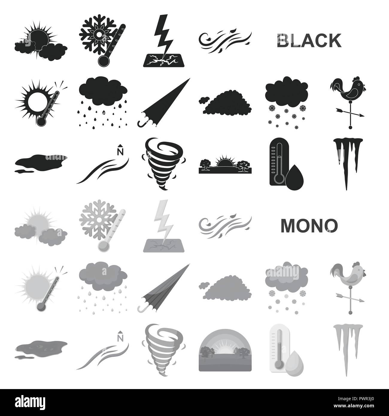 Different weather black icons in set collection for design.Signs and ...