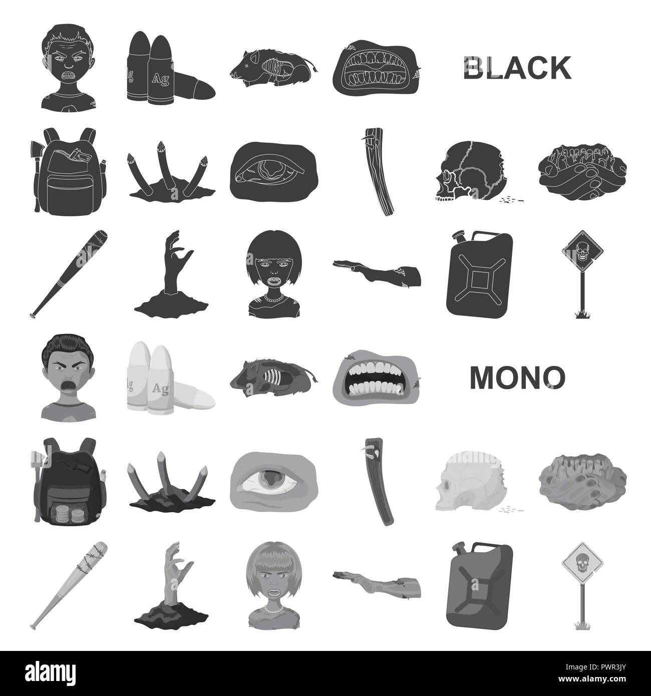 Zombies and Attributes black icons in set collection for design. Dead ...