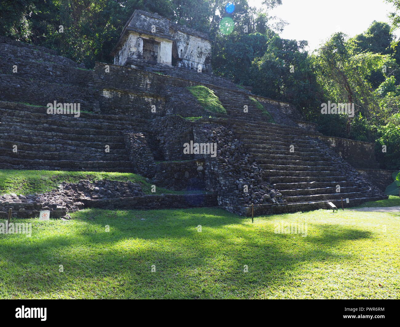 Part of stony pyramid at ancient mayan National Park of Palenque city ...