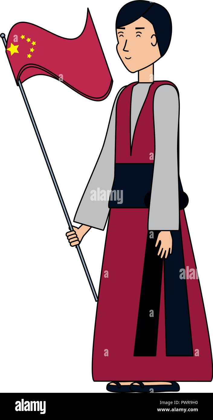 chinese man with traditional costume and flag vector illustration ...