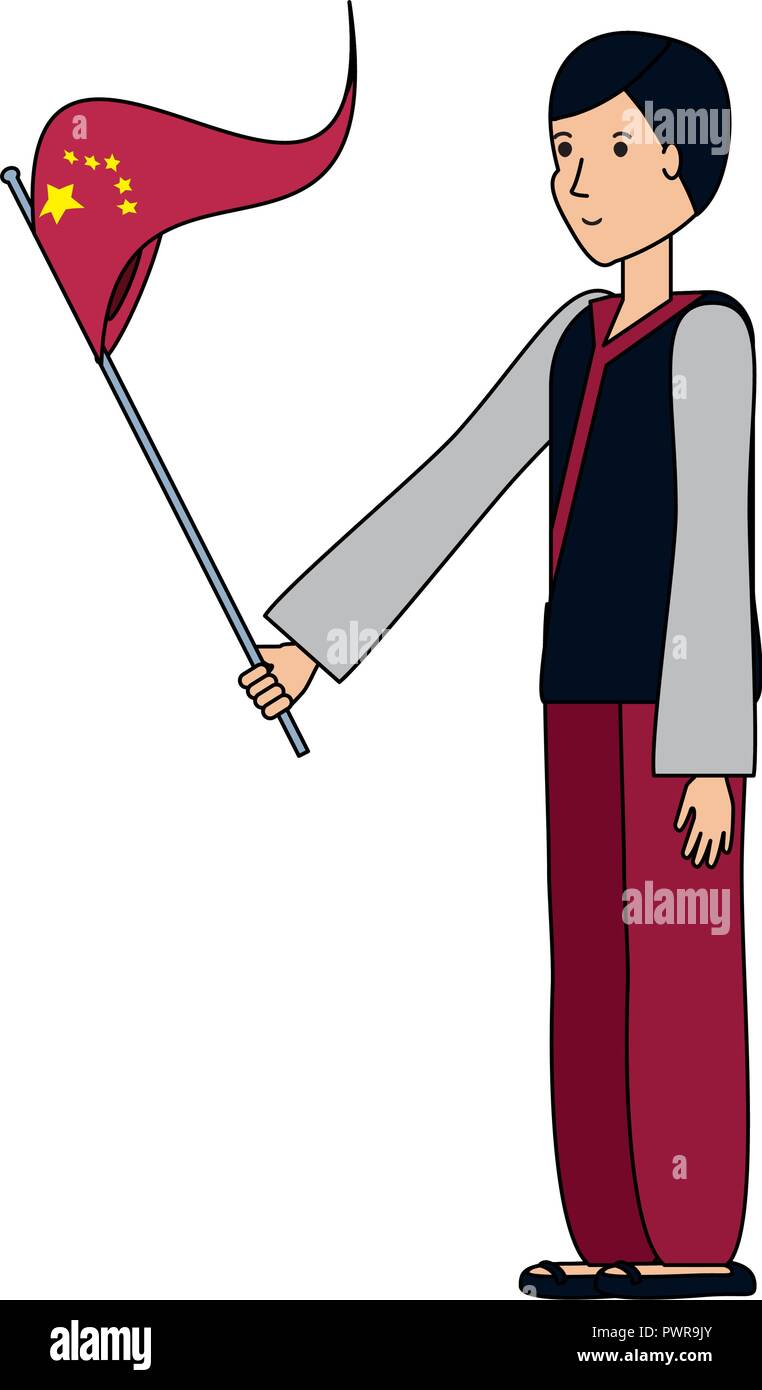 chinese man with traditional costume and flag vector illustration ...