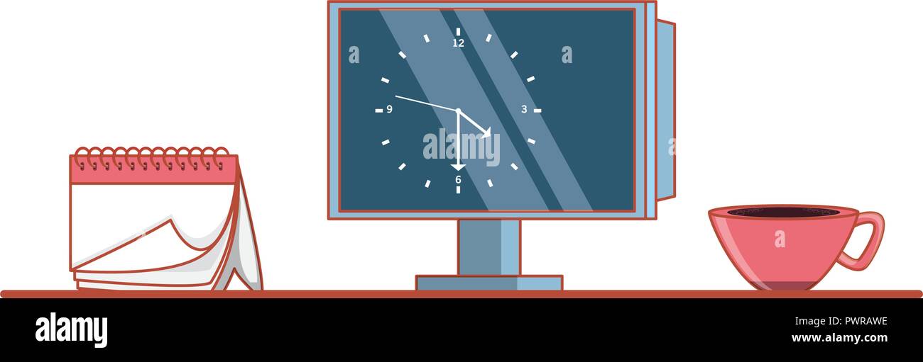 computer monitor with clock in display and objects vector illustration ...