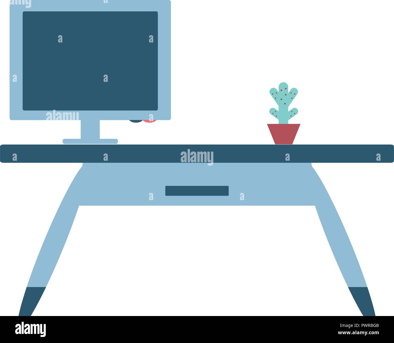 wooden table with monitor computer and house plant vector illustration ...