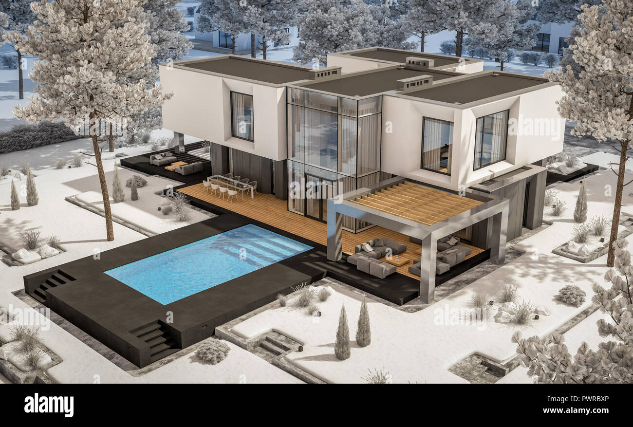 3d rendering of modern cozy house with garage and garden. Cool winter ...