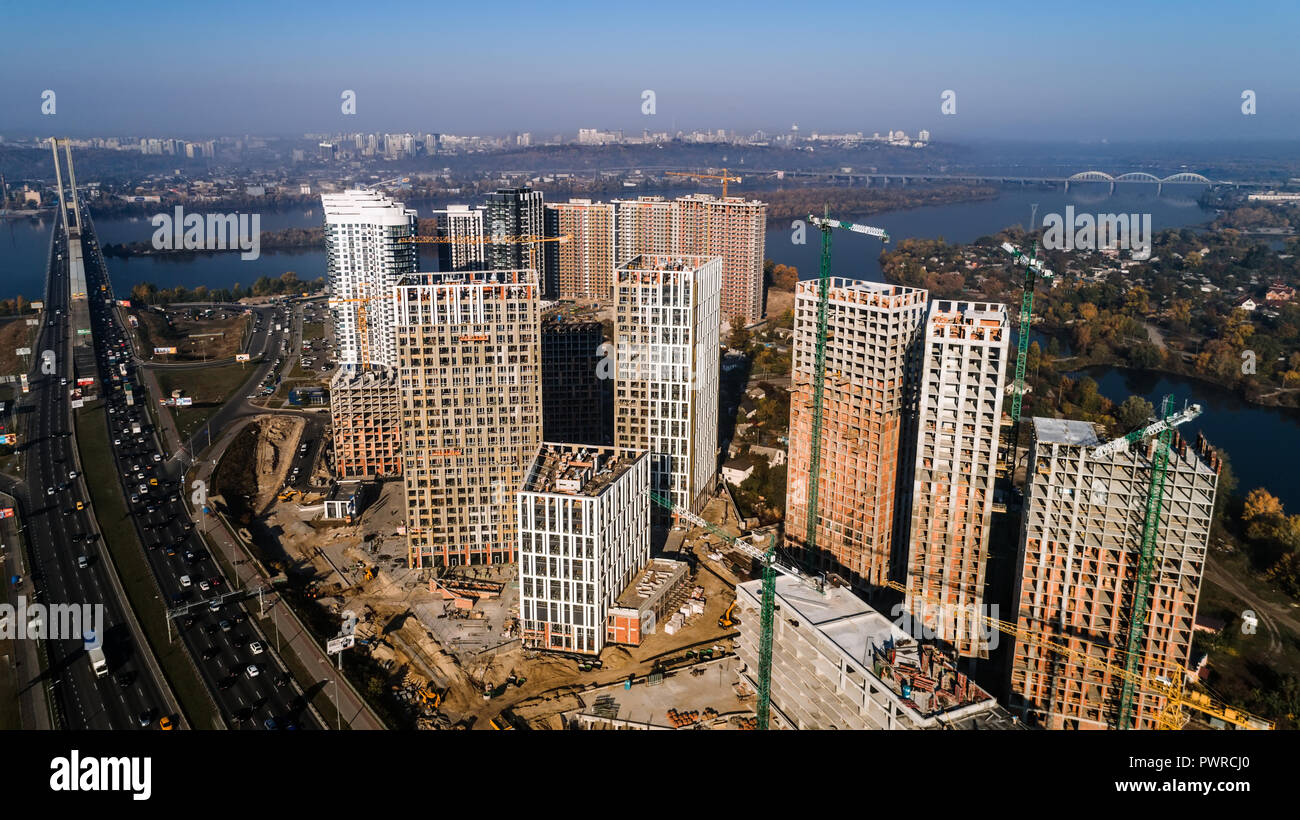 Aerial view of landscape in the city with under construction buildings ...