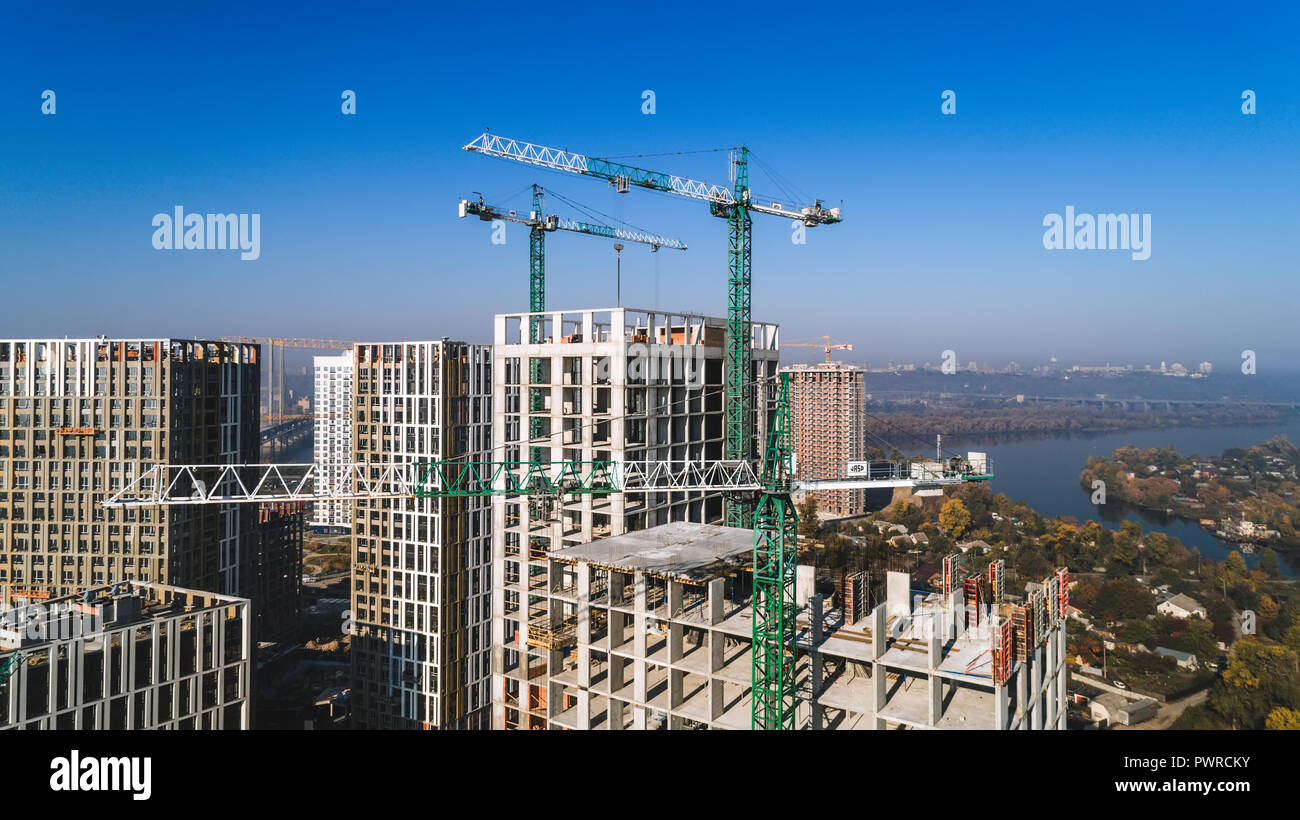 Aerial view of landscape in the city with under construction buildings ...