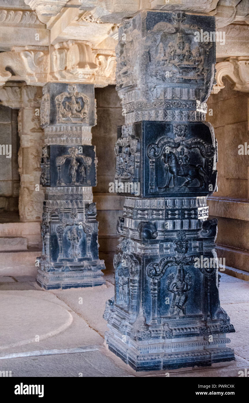 Ornately sculpted columns inside the main mandapa of Hazara Rama Temple ...