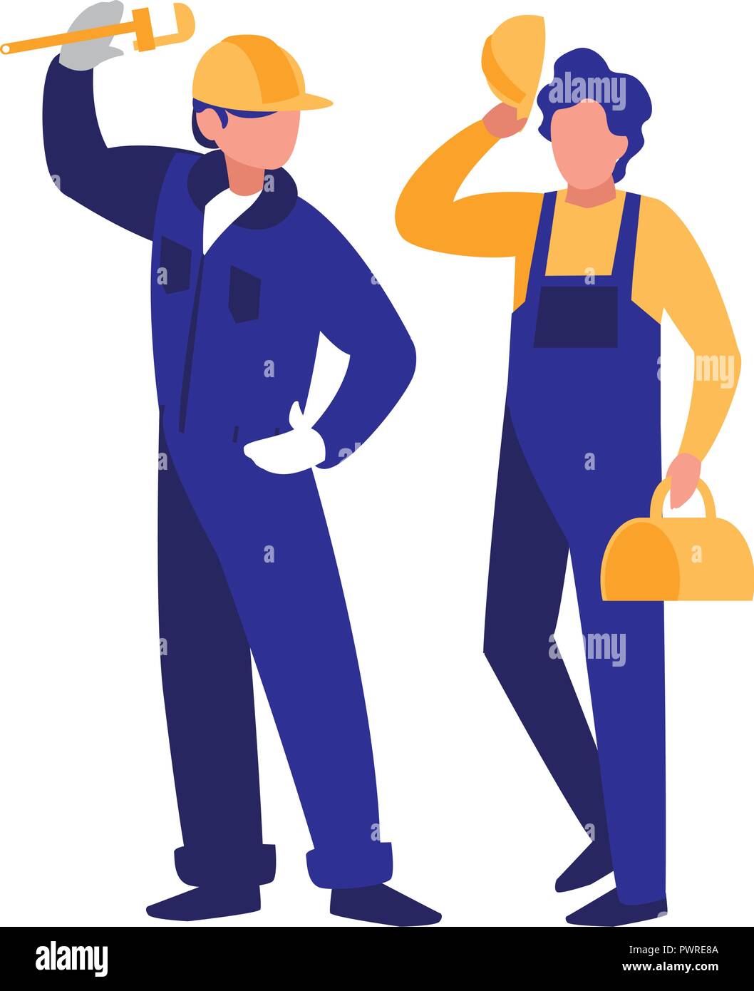 construction workers with tools over white background, colorful design ...