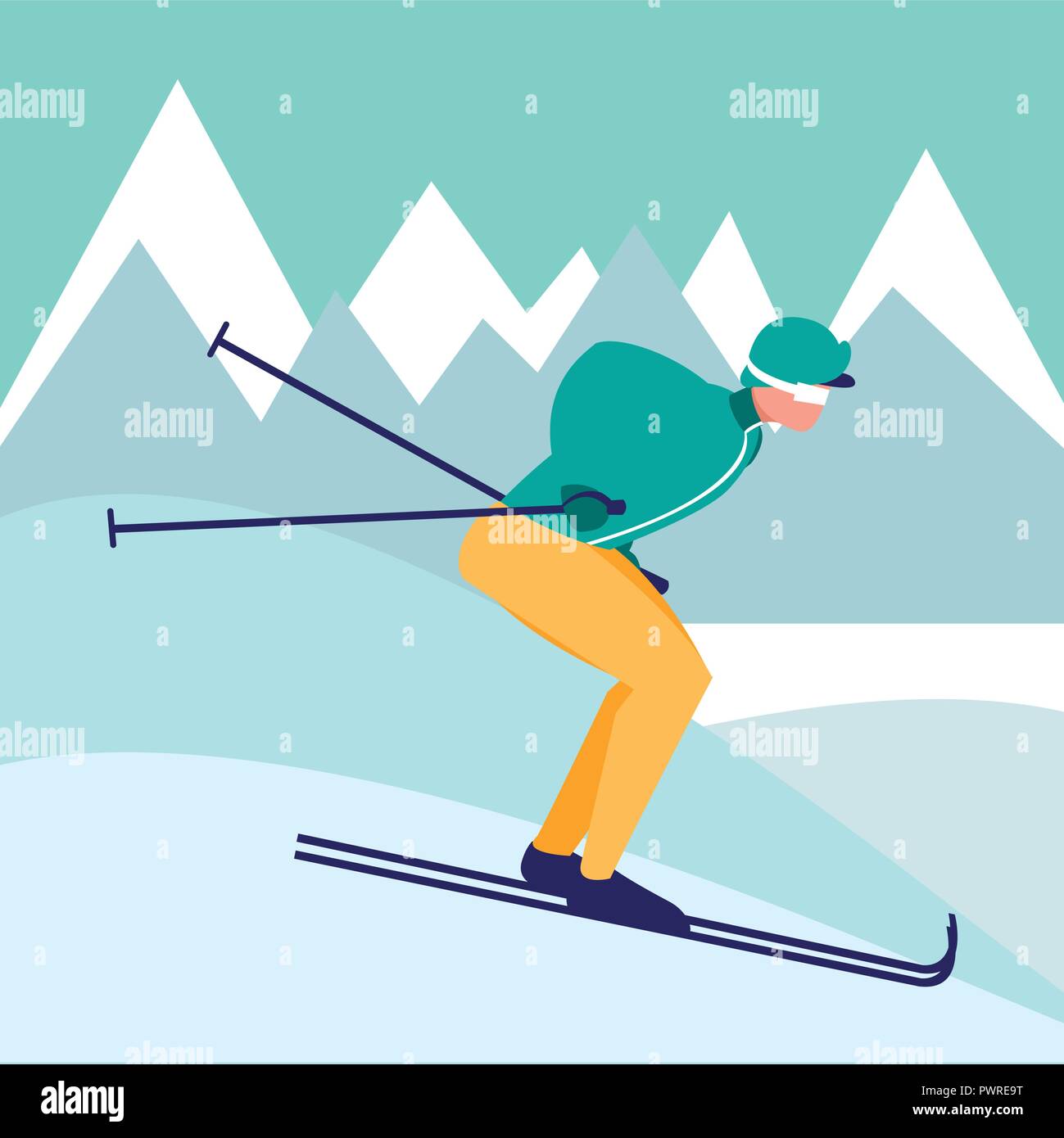 man skiing over alpine mountains background, colorful design. vector ...