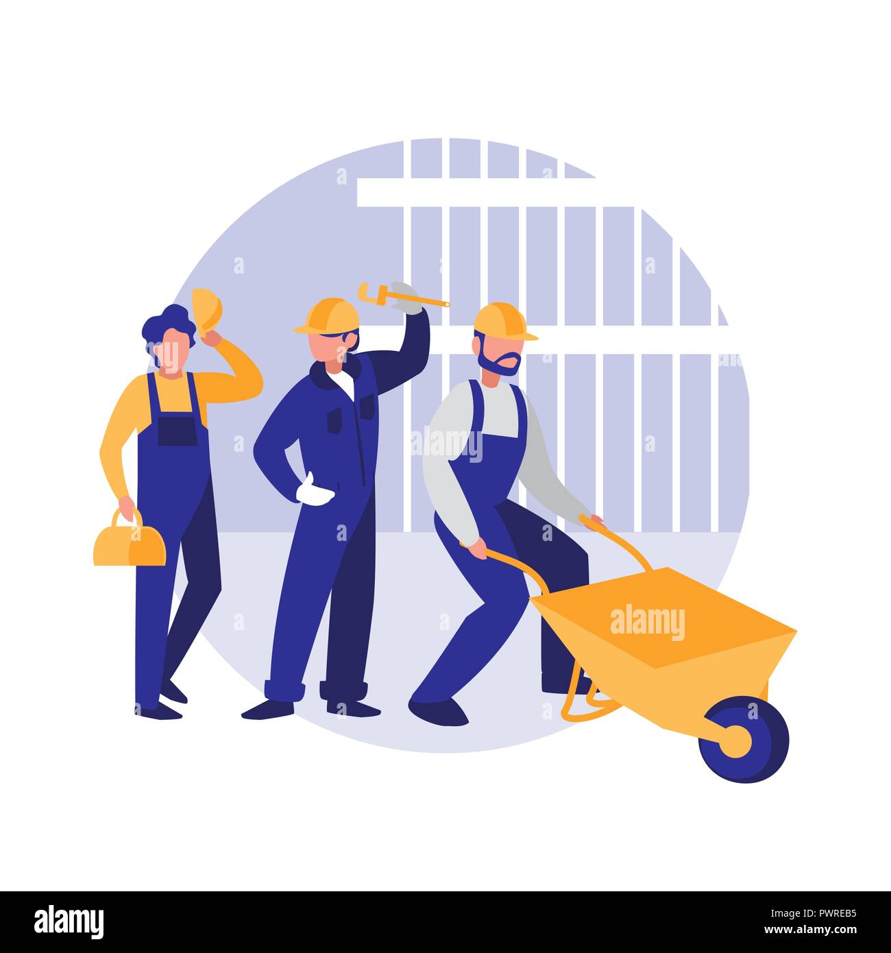 construction workers with tools over white background, colorful design ...