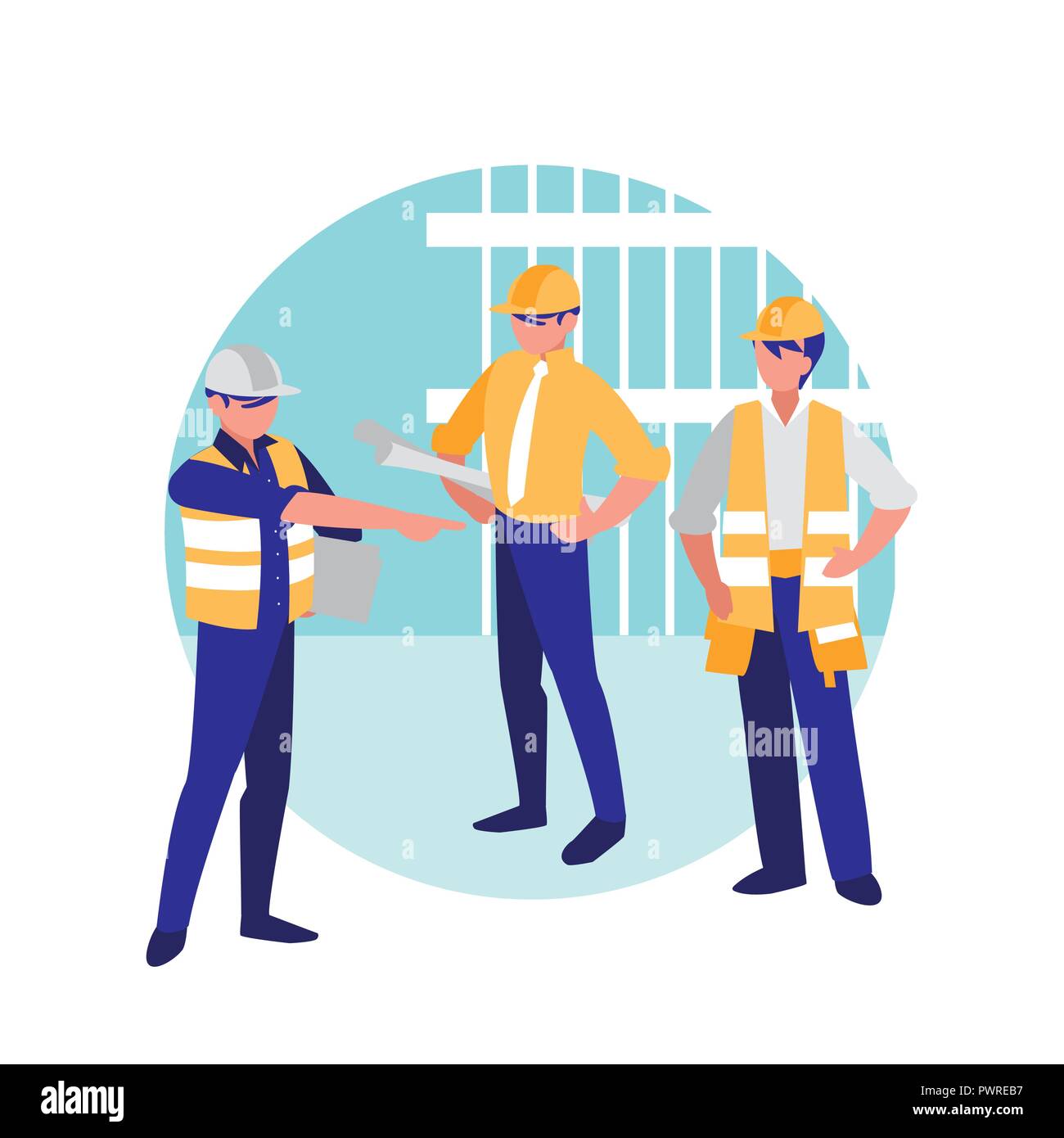 construction workers with tools over white background, colorful design ...