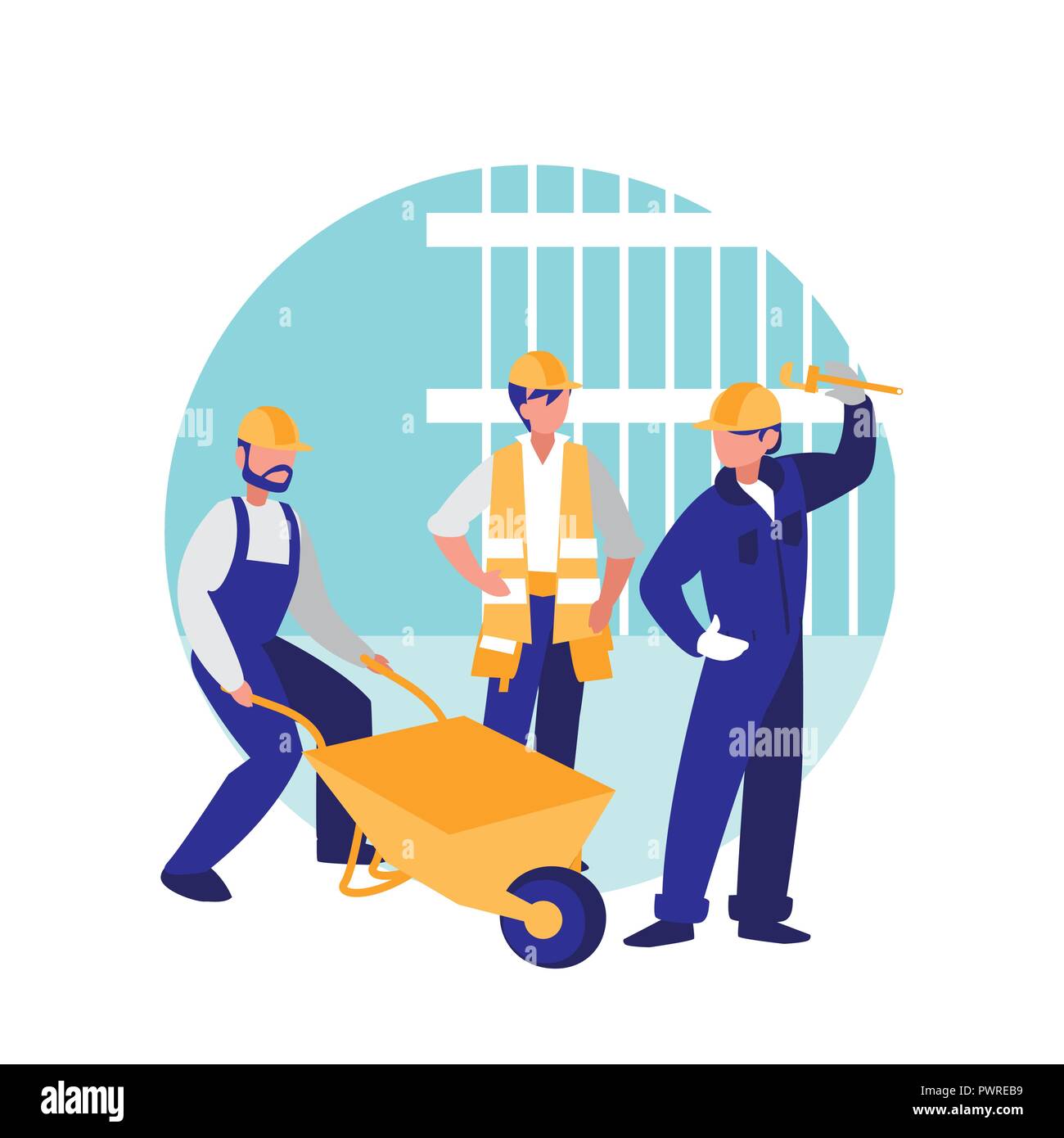 construction workers with tools over white background, colorful design ...