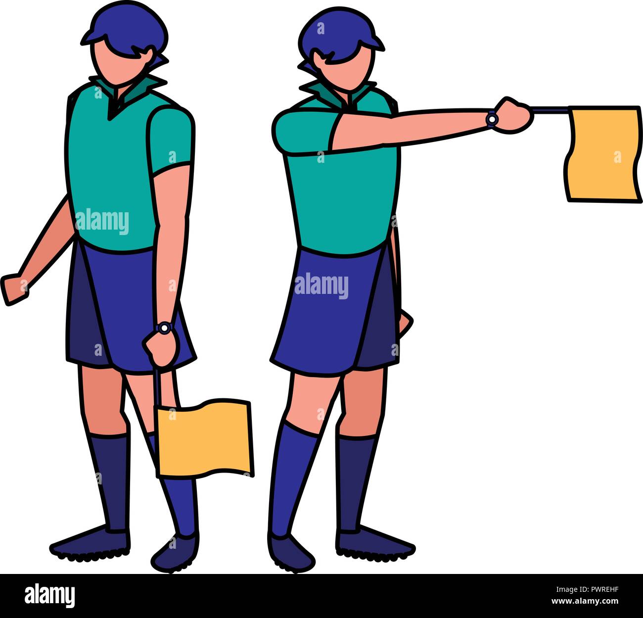 soccer linesman referees with a flag icon over white background, vector ...