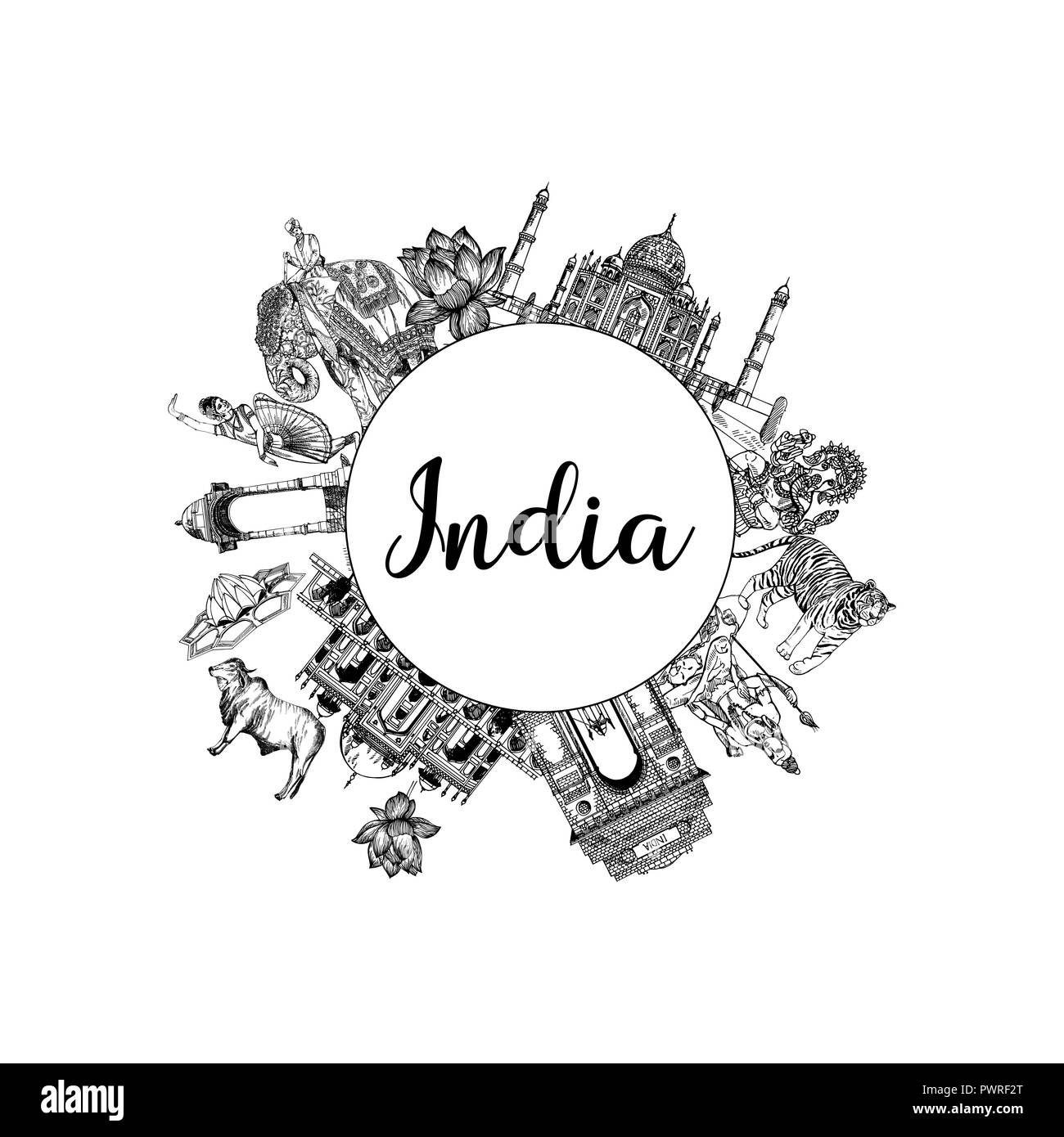 Hand drawn sketch style India themed objects. Vector illustration Stock ...