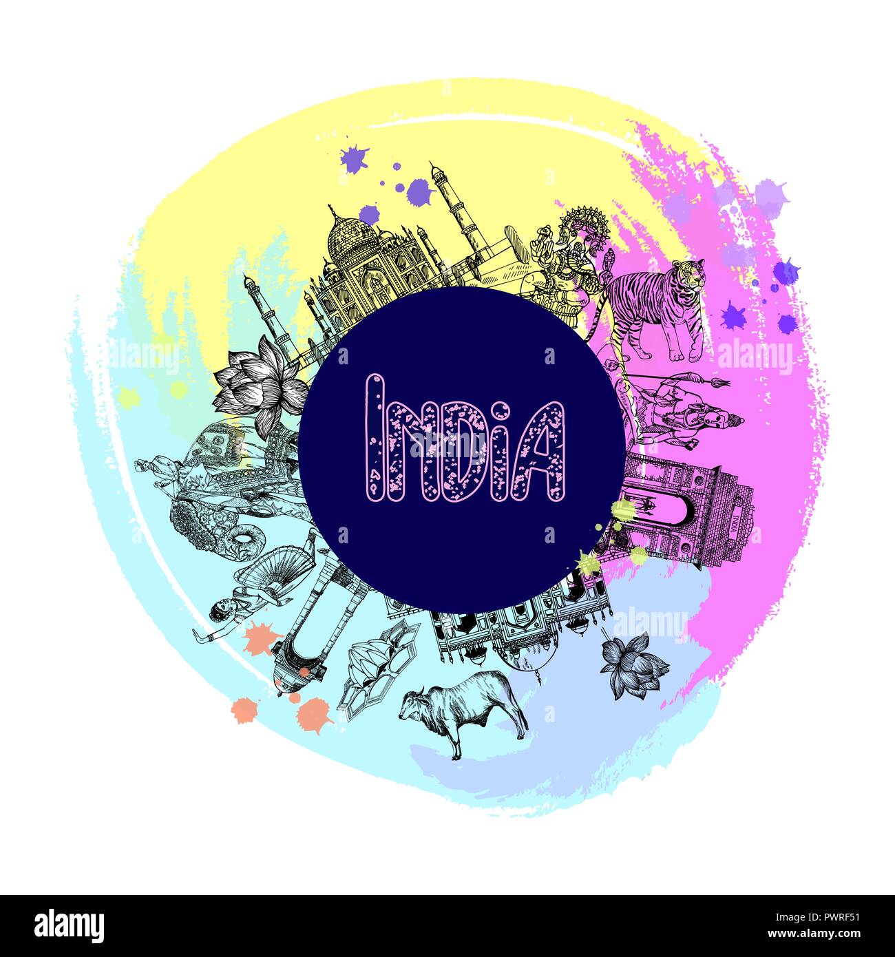 Hand drawn sketch style India themed objects. Vector illustration Stock ...