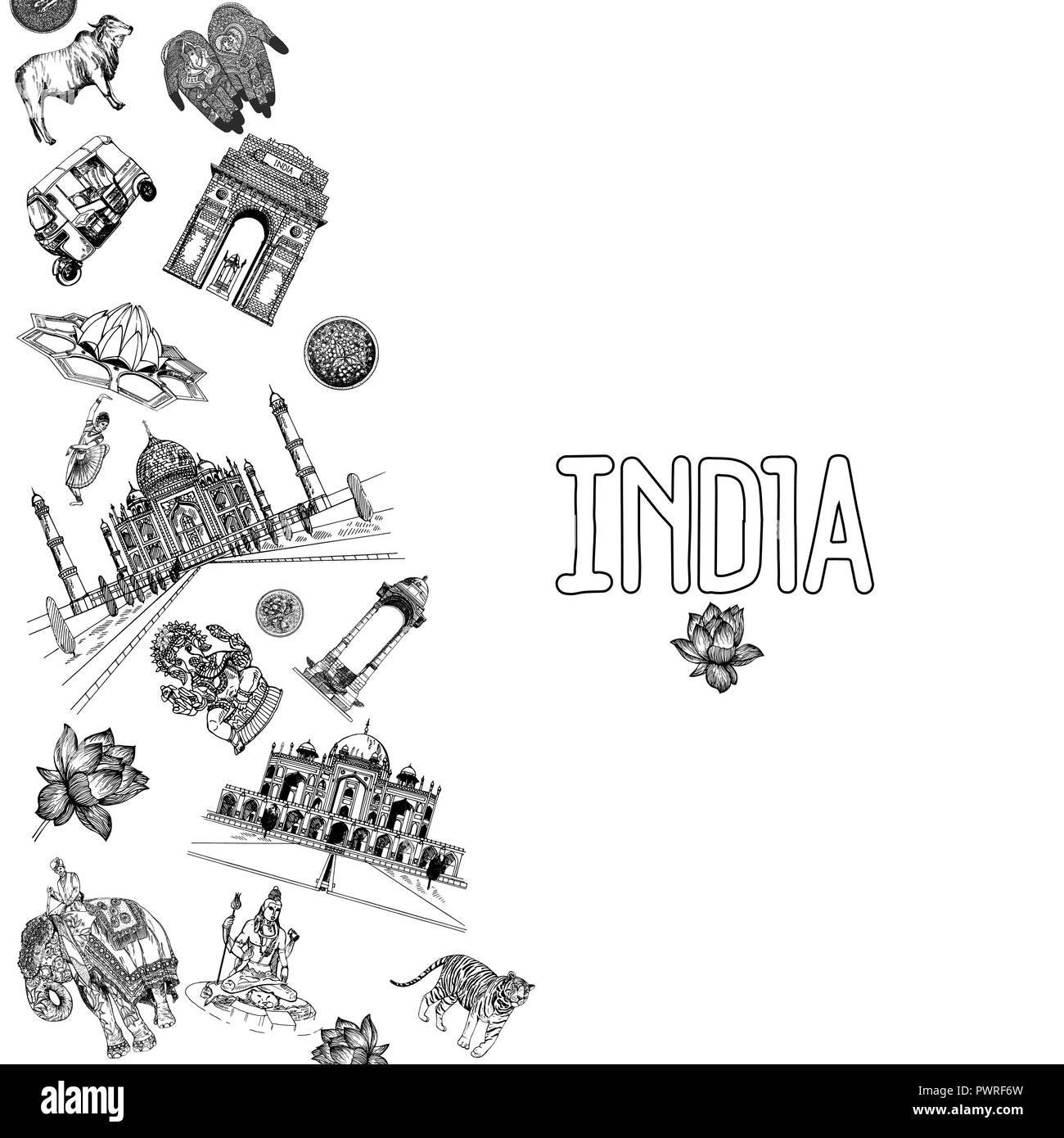 Hand drawn sketch style India themed objects. Vector illustration Stock ...