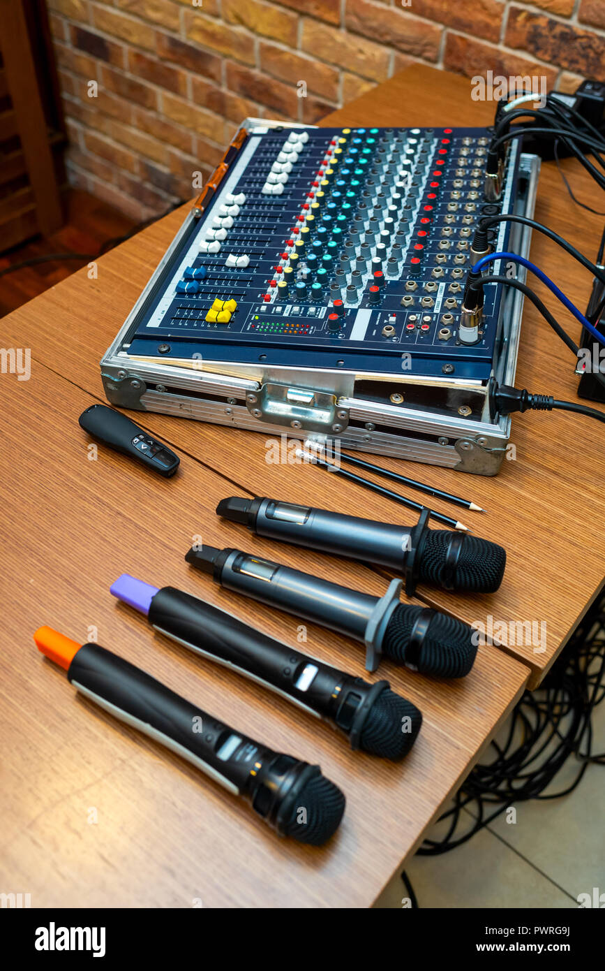 microphones and conference sound desk Stock Photo - Alamy
