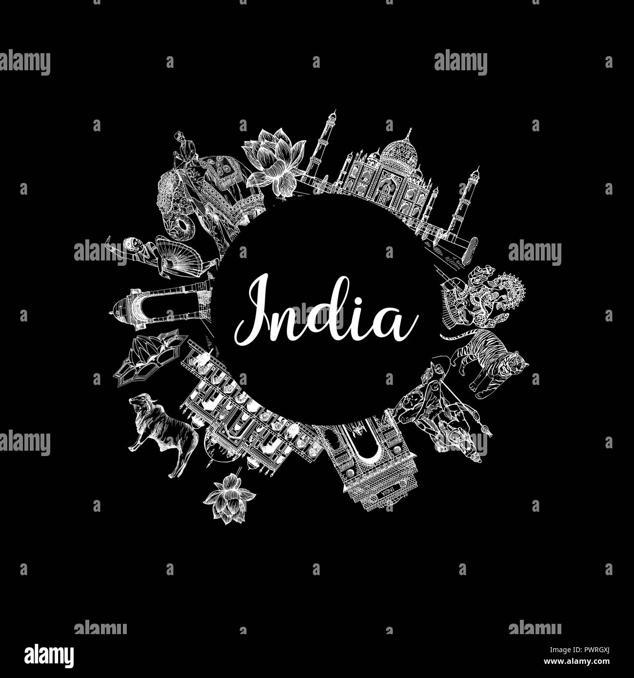Hand drawn sketch style India themed objects. Vector illustration Stock ...