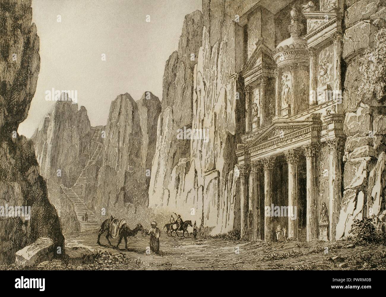 Historia de Jordania. Petra. Vista de El Tesoro (Al Khazné). Grabado ...