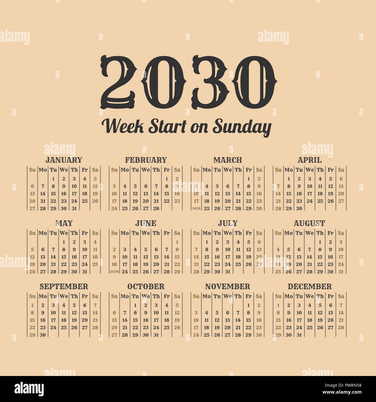 2030 year retro calendar. Weeks start on Sunday Stock Vector Image ...