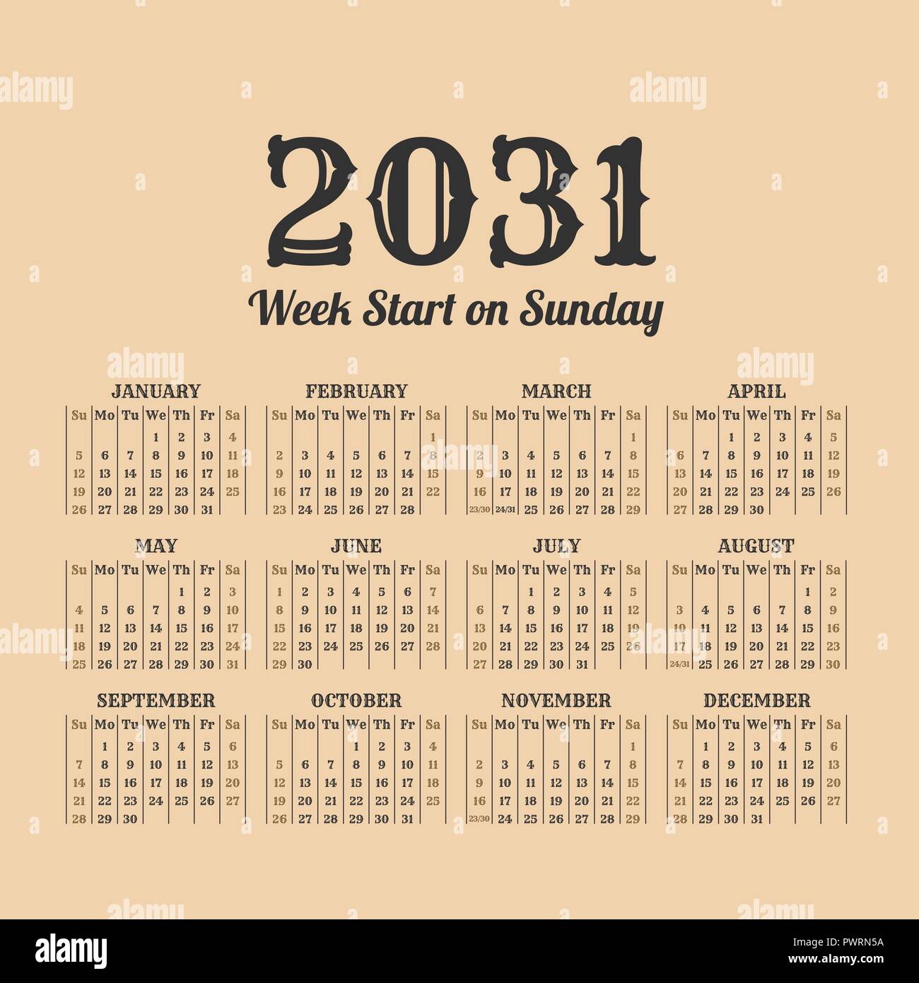 2031 year retro calendar. Weeks start on Sunday Stock Vector Image ...